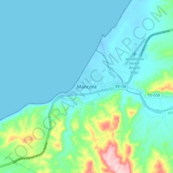 Mapa topográfico Mancora, altitud, relieve