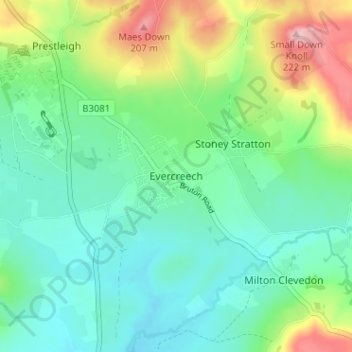 Mapa topográfico Evercreech, altitud, relieve