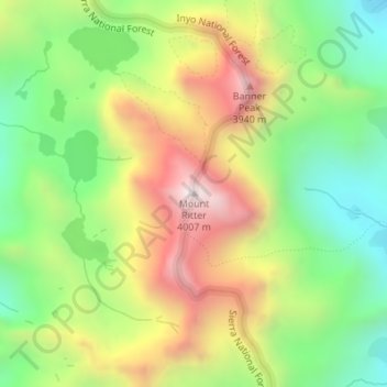 Mapa topográfico Mount Ritter, altitud, relieve