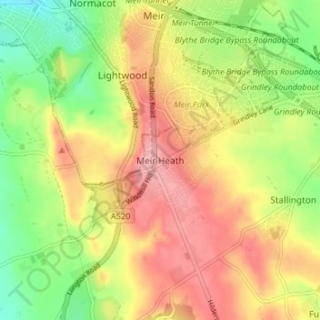 Mapa topográfico Meir Heath, altitud, relieve