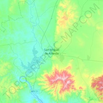 Mapa topográfico San Miguel de Allende, altitud, relieve