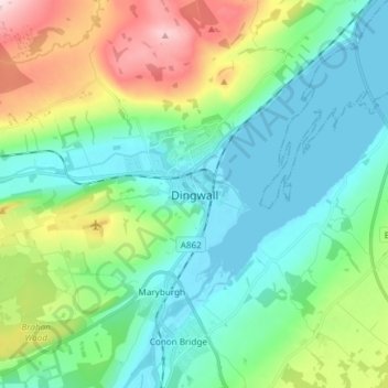 Mapa topográfico Dingwall, altitud, relieve