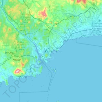 Mapa topográfico Panamá, altitud, relieve