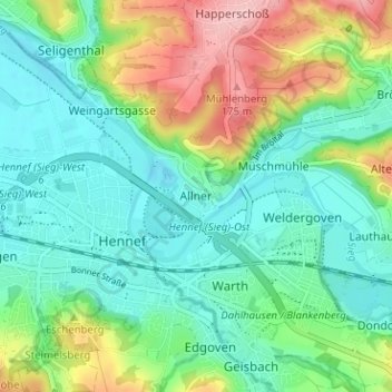 Mapa topográfico Allner, altitud, relieve