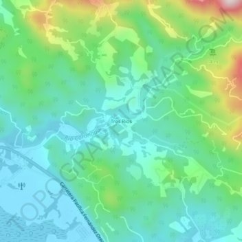 Mapa topográfico Tres Ríos, altitud, relieve