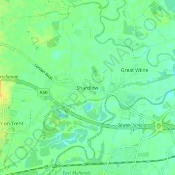 Mapa topográfico Shardlow, altitud, relieve
