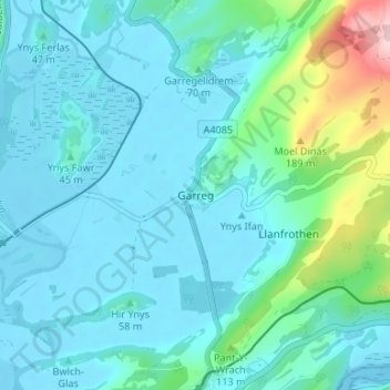 Mapa topográfico Garreg, altitud, relieve