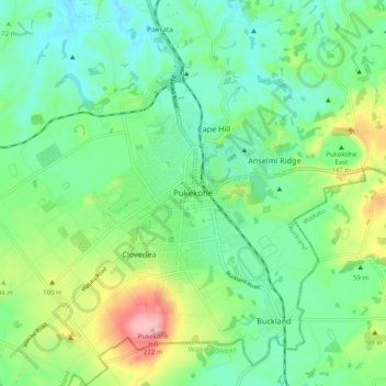 Mapa topográfico Pukekohe, altitud, relieve