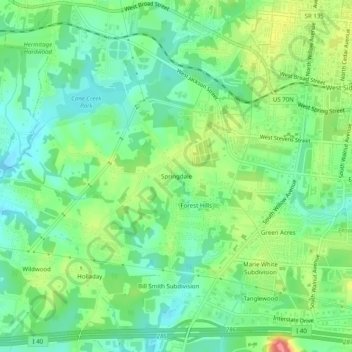 Mapa topográfico Springdale, altitud, relieve