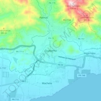 Mapa topográfico Guayama, altitud, relieve
