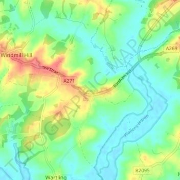 Mapa topográfico Boreham Street, altitud, relieve
