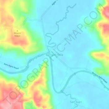 Mapa topográfico Bangan-Oda, altitud, relieve