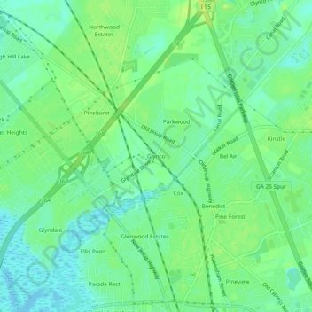 Mapa topográfico Glynco, altitud, relieve