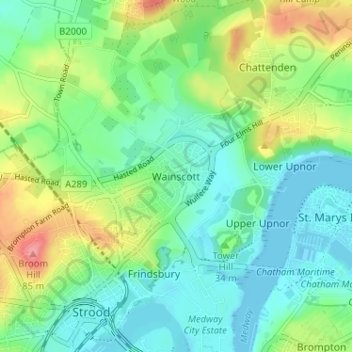 Mapa topográfico Wainscott, altitud, relieve