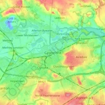 Mapa topográfico Castleford, altitud, relieve