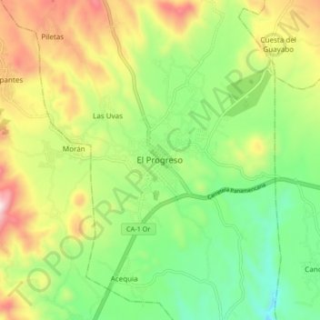Mapa topográfico El Progreso, altitud, relieve