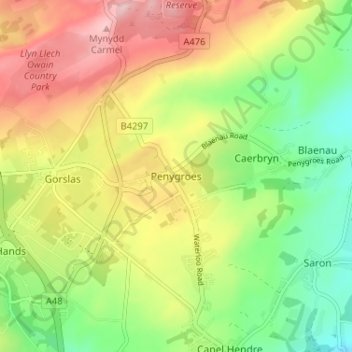 Mapa topográfico Penygroes, altitud, relieve