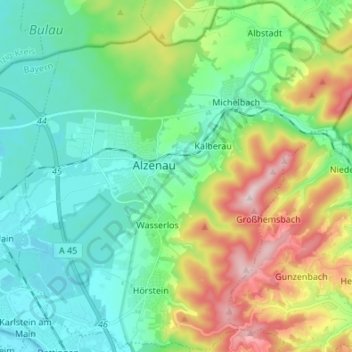 Mapa topográfico Alzenau, altitud, relieve