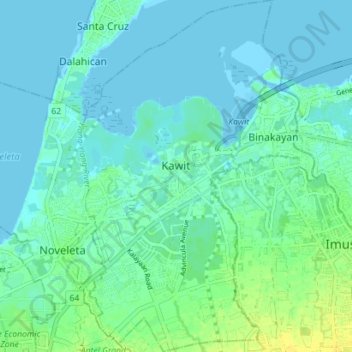 Mapa topográfico Kawit, altitud, relieve