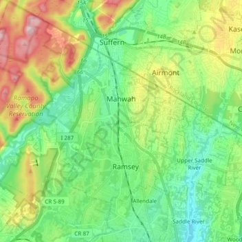 Mapa topográfico Mahwah, altitud, relieve