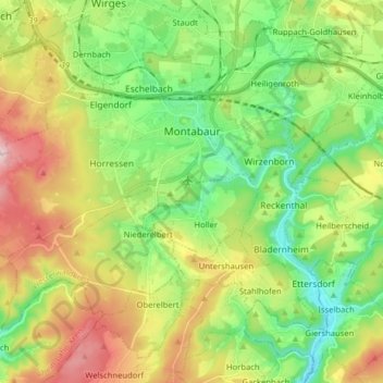 Mapa topográfico Montabaur, altitud, relieve