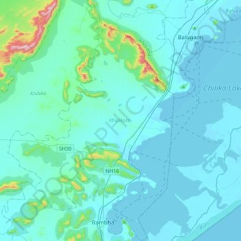 Mapa topográfico Khalikote, altitud, relieve
