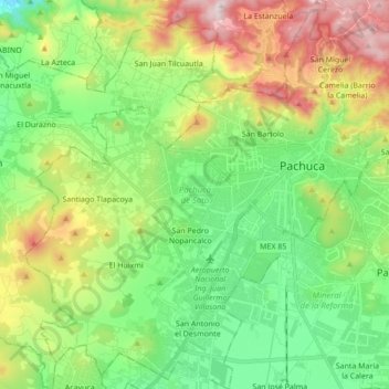 Mapa topográfico Pachuca de Soto, altitud, relieve