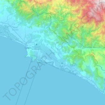 Mapa topográfico Quepos, altitud, relieve
