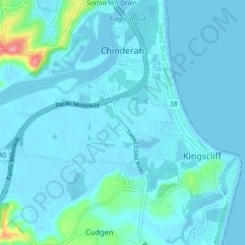 Mapa topográfico Chinderah, altitud, relieve