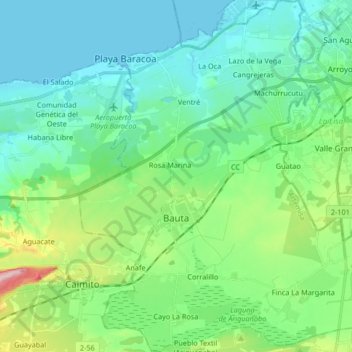 Mapa topográfico Bauta, altitud, relieve