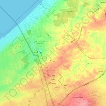 Mapa topográfico Rafah, altitud, relieve