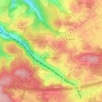 Mapa topográfico Ispringen, altitud, relieve