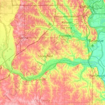 Mapa topográfico Sarpy County, altitud, relieve