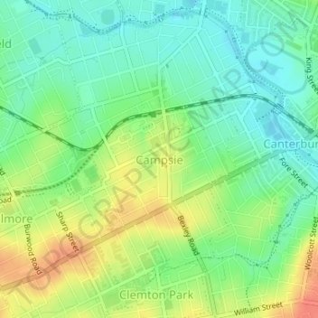 Mapa topográfico Campsie, altitud, relieve