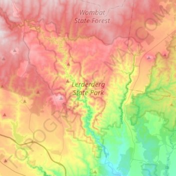 Mapa topográfico Lerderderg State Park, altitud, relieve