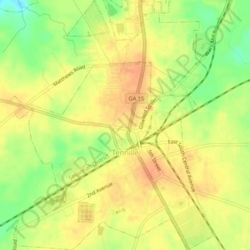 Mapa topográfico Tennille, altitud, relieve