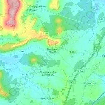 Mapa topográfico Chaumont-la-Ville, altitud, relieve