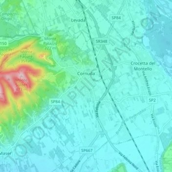 Mapa topográfico Cornuda, altitud, relieve