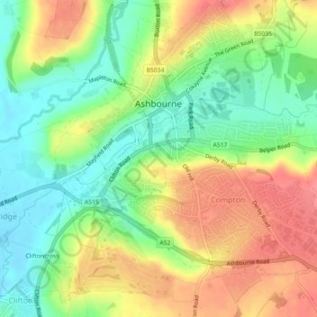 Mapa topográfico Ashbourne CP, altitud, relieve