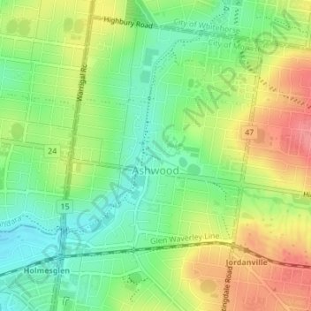 Mapa topográfico Ashwood, altitud, relieve