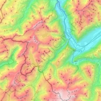 Mapa topográfico Parc naturel régional de la Vallée du Trient, altitud ...