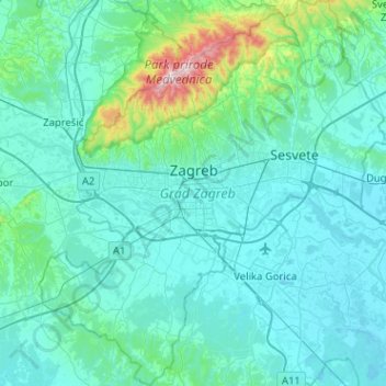 Mapa topográfico Zagreb, altitud, relieve