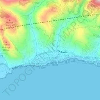 Mapa topográfico Riva Ligure, altitud, relieve