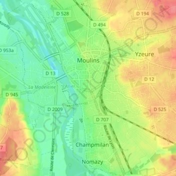 Mapa topográfico Moulins, altitud, relieve
