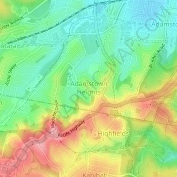 Mapa topográfico Adamstown Heights, altitud, relieve