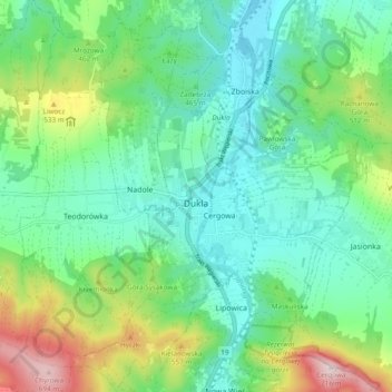 Mapa topográfico Dukla, altitud, relieve