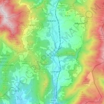 Mapa topográfico Vaiano, altitud, relieve