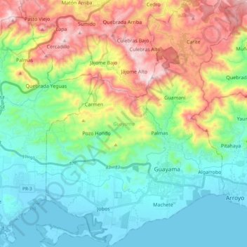 Mapa topográfico Guayama, altitud, relieve