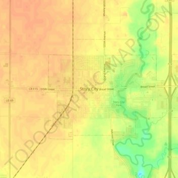 Mapa topográfico Story City, altitud, relieve