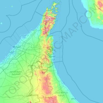 Mapa topográfico Sharjah, altitud, relieve
